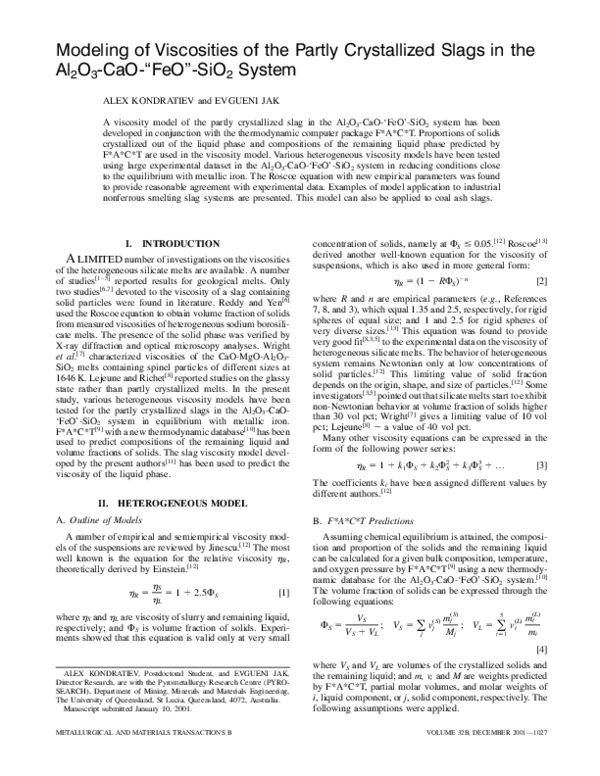 Pdf Modeling Of Viscosities Of The Partly Crystallized Slags In The
