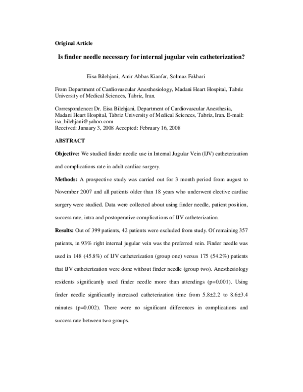 (PDF) Is finder needle necessary for internal jugular vein catheterization?