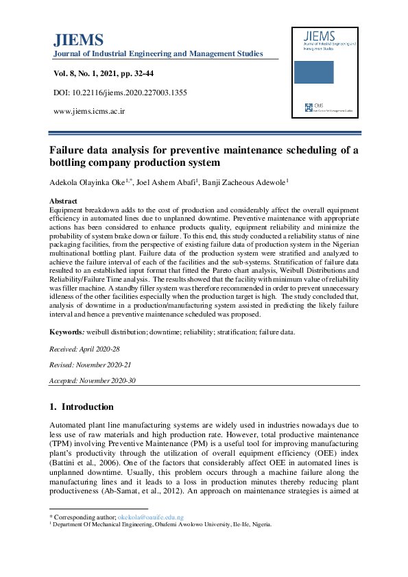 (PDF) Failure data analysis for preventive maintenance scheduling of a ...