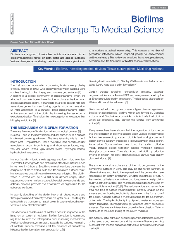 (PDF) Biofilms A Challenge To Medical Science