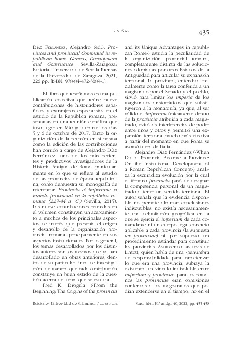 (PDF) Provinces and Provincial Command in Republican Rome - SHHA (by M ...