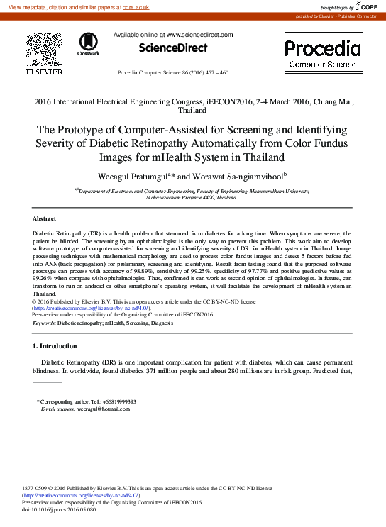 Pdf The Prototype Of Computer Assisted For Screening And Identifying Severity Of Diabetic
