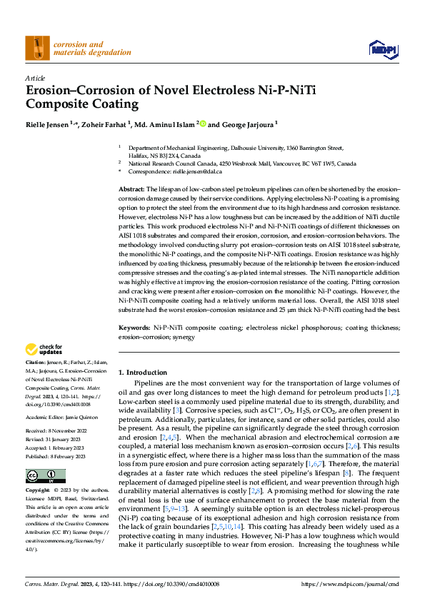 Pdf Erosion Corrosion Of Novel Electroless Ni P Niti Composite Coating