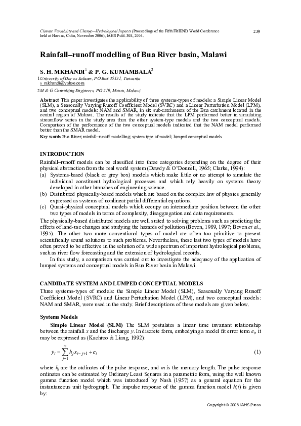 (PDF) Rainfall-runoff modelling of Bua River basin, Malawi