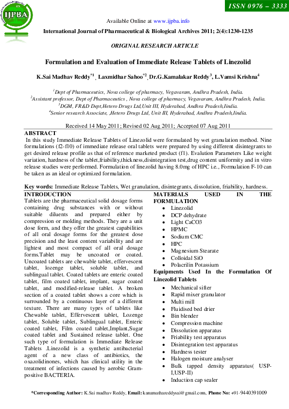 Pdf Corresponding Formulation And Evaluation Of Immediate Release Tablets Of Linezolid