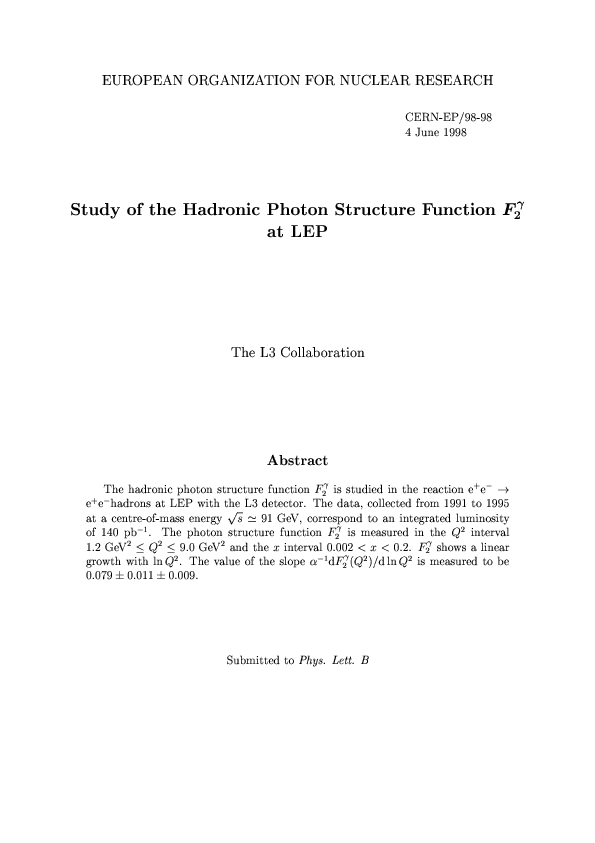(PDF) Study of the hadronic photon structure function F2 at LEP