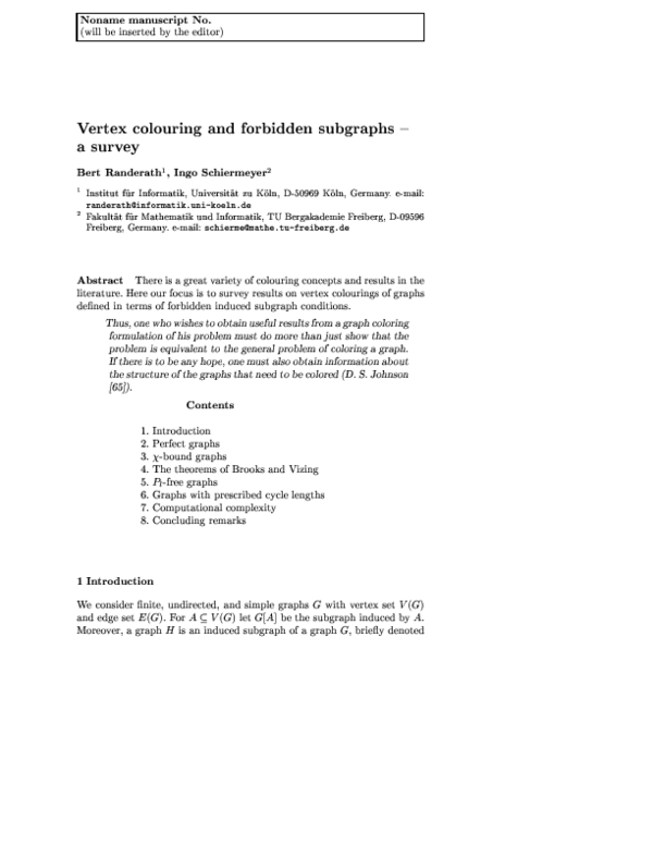 (PDF) Vertex Colouring and Forbidden Subgraphs ? A Survey