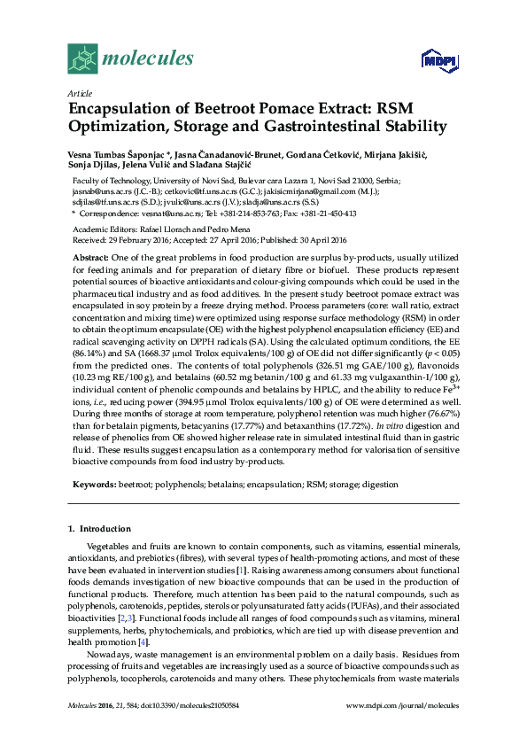 (PDF) Encapsulation of Beetroot Pomace Extract: RSM Optimization ...