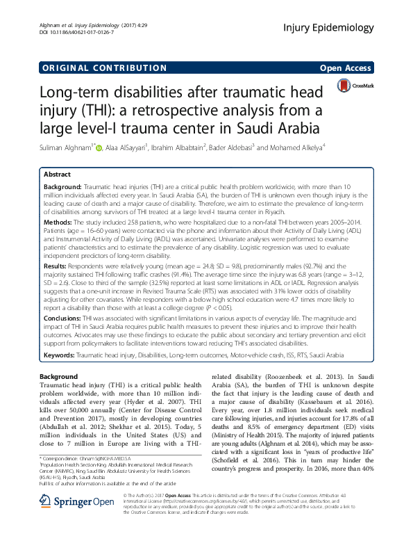 (PDF) Long-term disabilities after traumatic head injury (THI): a ...