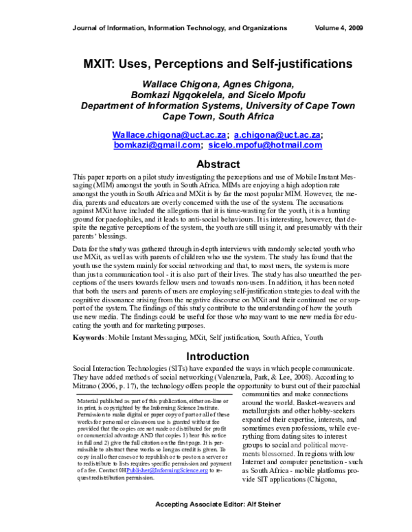 (PDF) MXIT: Uses, Perceptions and Self-justifications