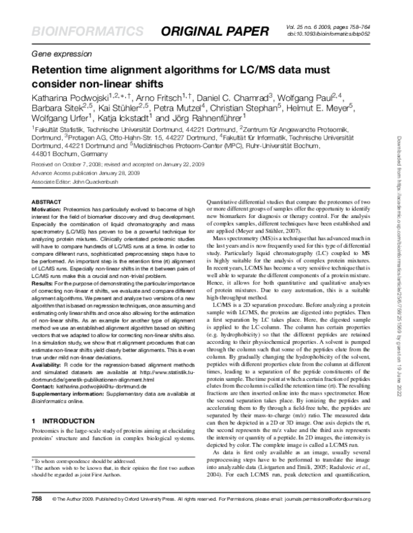 Pdf Retention Time Alignment Algorithms For Lcms Data Must Consider Non Linear Shifts 9308
