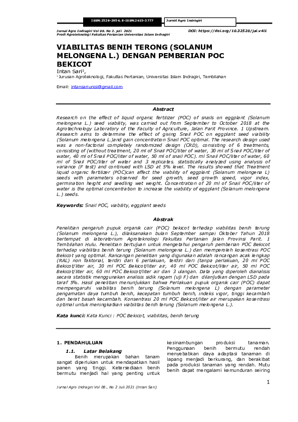 (PDF) Viabilitas Benih Terong (Solanum Melongena L.) Dengan Pemberian ...