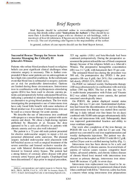 (PDF) Successful Rescue Therapy for Severe Acute Anemia: Managing the ...