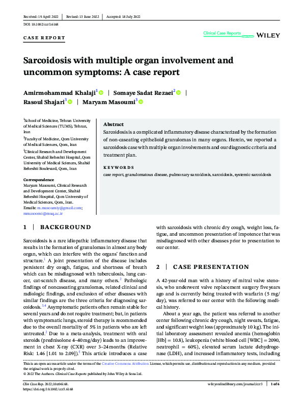 (PDF) Sarcoidosis with multiple organ involvement and uncommon symptoms ...