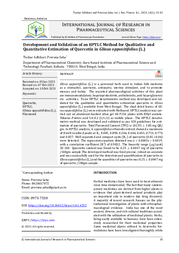 (PDF) Development and Validation of an HPTLC Method for Qualitative and Quantitative Estimation ...