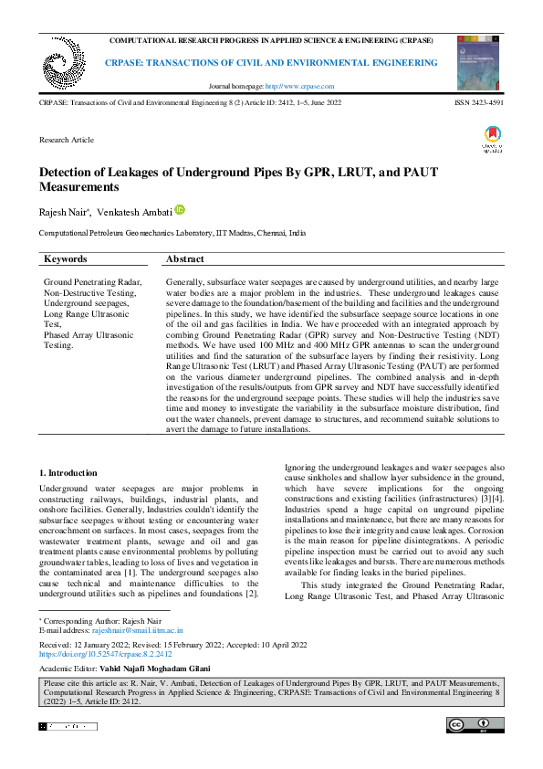 (PDF) Detection of Leakages of Underground Pipes By GPR, LRUT, and PAUT ...