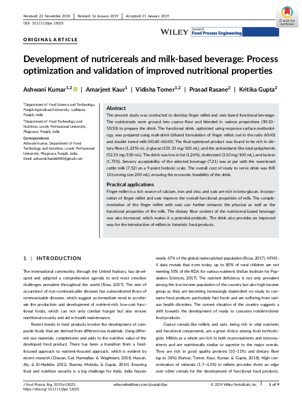 (PDF) Development of nutricereals and milk‐based beverage: Process ...