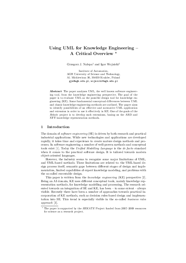 (PDF) Using UML for Knowledge Engineering - A Critical Overview | Igor Wojnicki - Academia.edu
