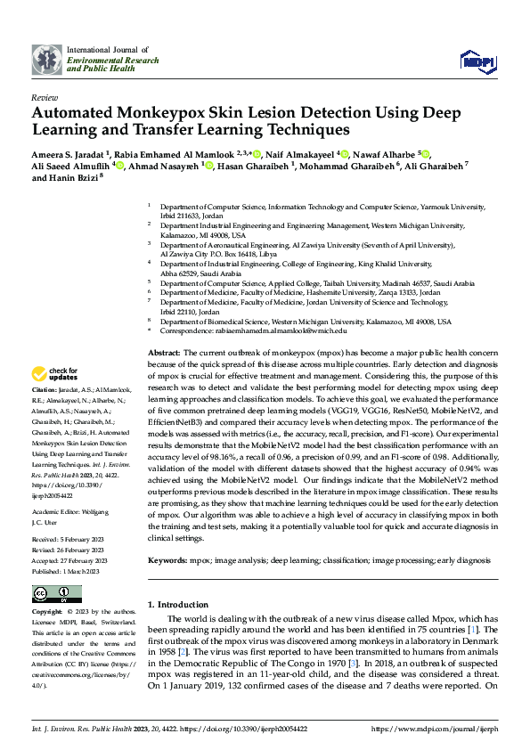 (PDF) Automated Monkeypox Skin Lesion Detection Using Deep Learning and Transfer Learning Techniques