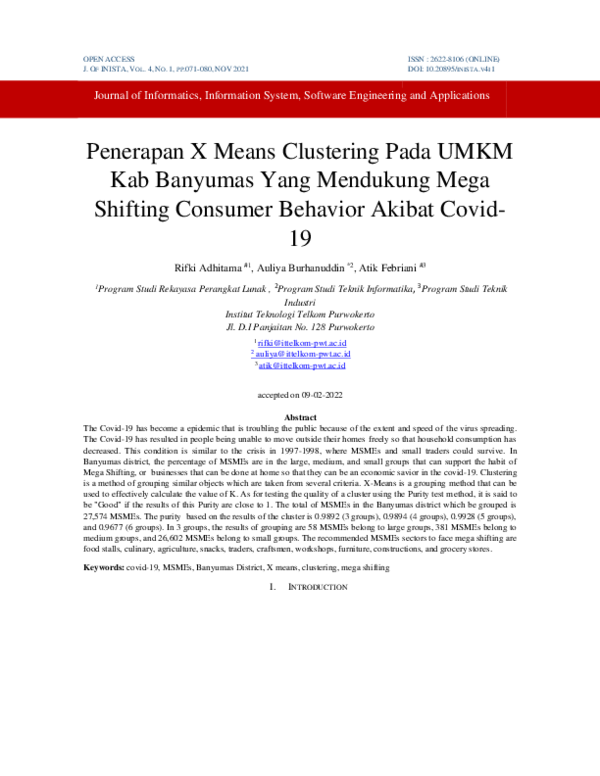 (PDF) Penerapan X Means Clustering Pada UMKM Kab Banyumas Yang Mendukung Mega Shifting Consumer ...