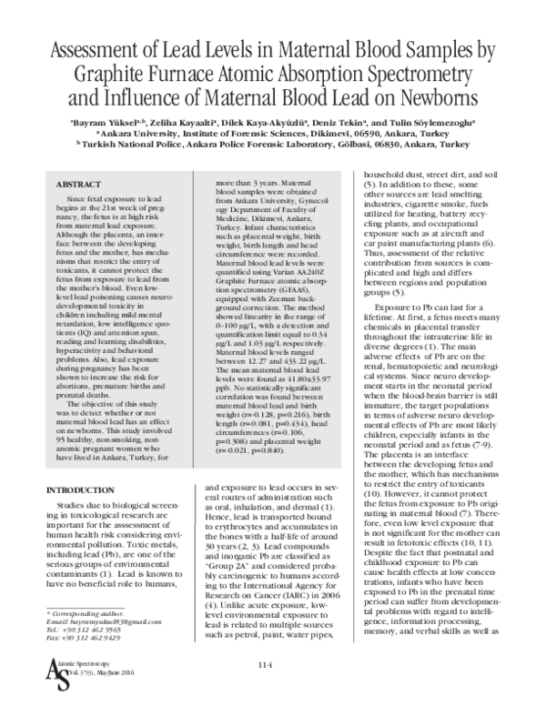 (PDF) Assessment of Lead Levels in Maternal Blood Samples by Graphite ...