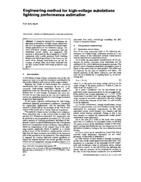 Engineering Method For High Voltage Substations Lightning Performance Estimation