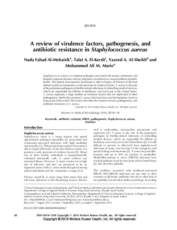 (PDF) A review of virulence factors, pathogenesis, and antibiotic resistance in Staphylococcus ...