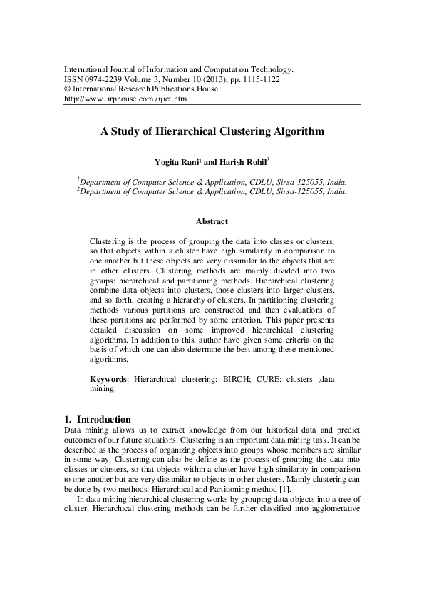 (PDF) A Study of Hierarchical Clustering Algorithm