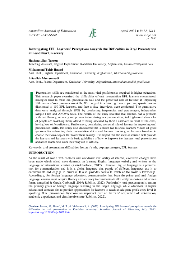 (PDF) Investigating EFL Learners' Perceptions towards the Difficulties in Oral Presentation at ...