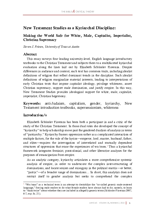 (PDF) New Testament Studies as a Kyriarchal Discipline: Making the ...