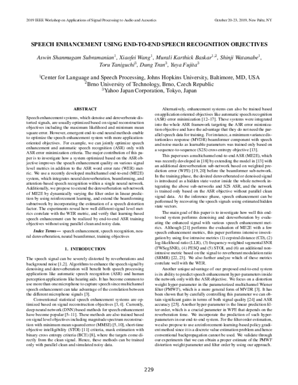Pdf Speech Enhancement Using End To End Speech Recognition Objectives
