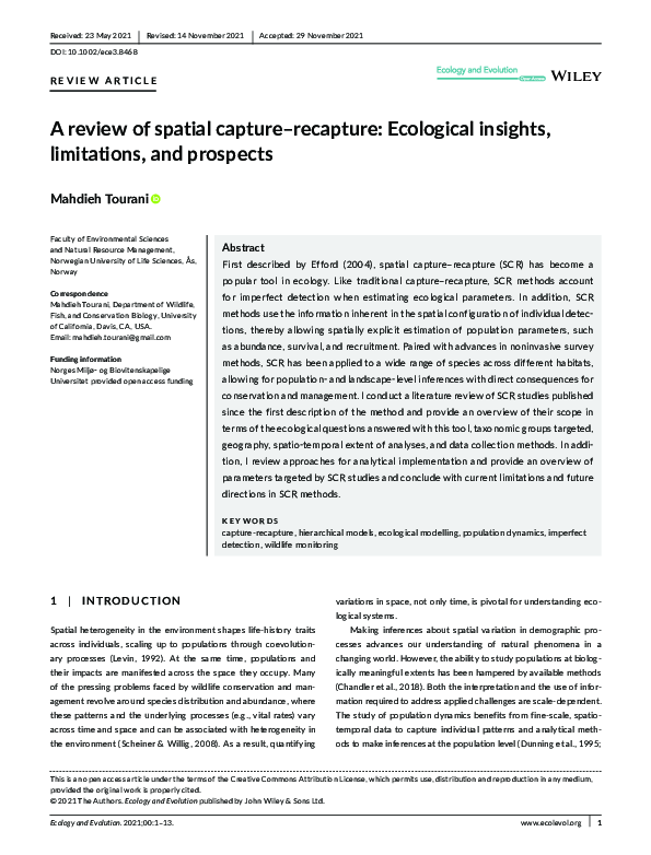 Pdf A Review Of Spatial Capture Recapture Ecological Insights Limitations And Prospects