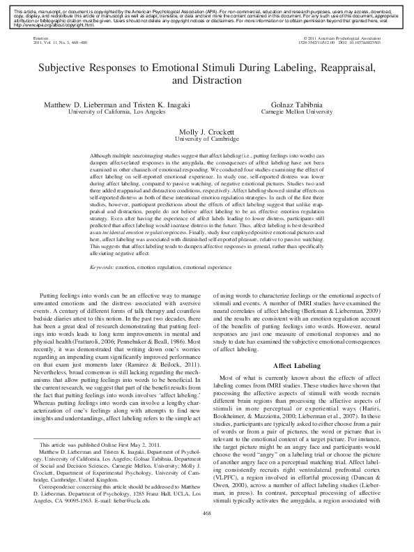 (PDF) Subjective responses to emotional stimuli during labeling ...