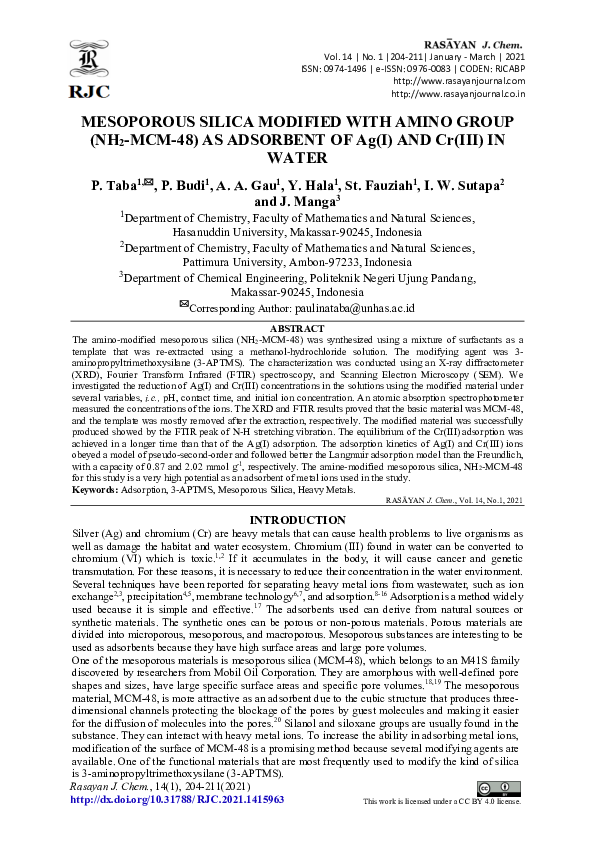 (PDF) MESOPOROUS SILICA MODIFIED WITH AMINO GROUP (NH2-MCM-48) AS ADSORBENT OF Ag(I) AND Cr(III ...