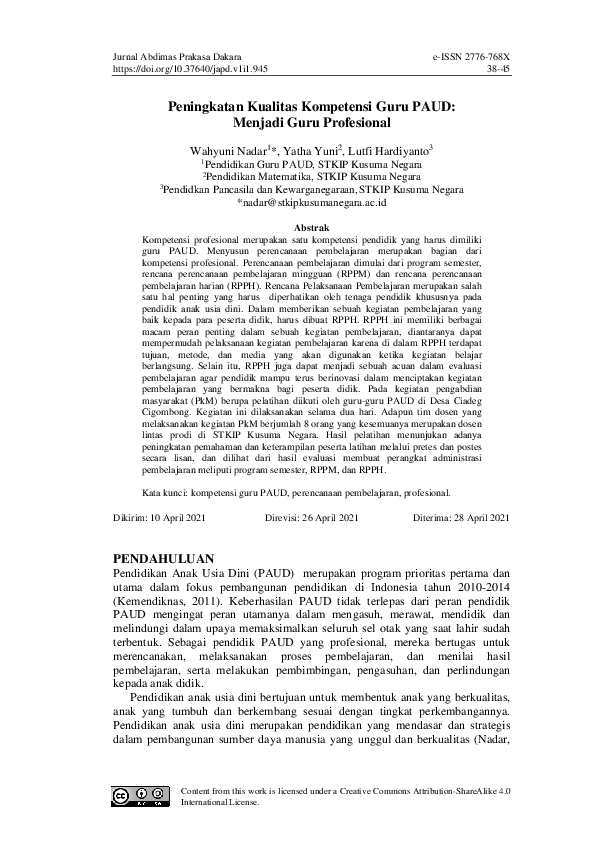 (PDF) Peningkatan Kualitas Kompetensi Guru PAUD: Menjadi Guru Profesional