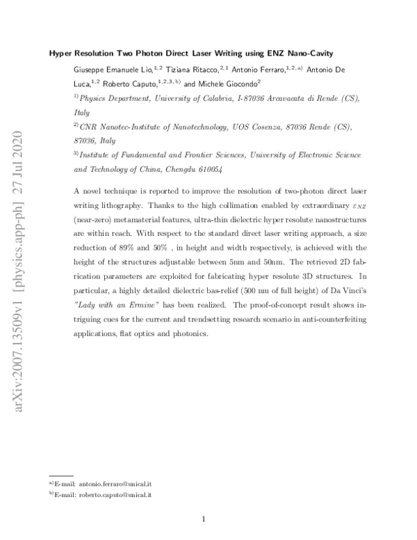 (PDF) Hyper Resolution Two Photon Direct Laser Writing using ENZ Nano ...