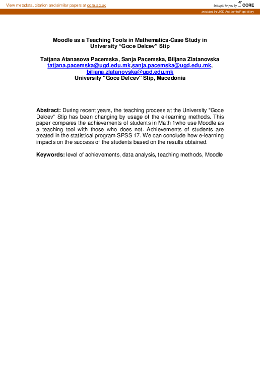 (PDF) Moodle as a teaching tools in mathematics - case study in Goce Delcev University, Stip