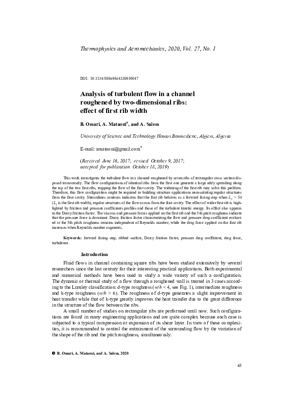 (PDF) Analysis of turbulent flow in a channel roughened by two ...
