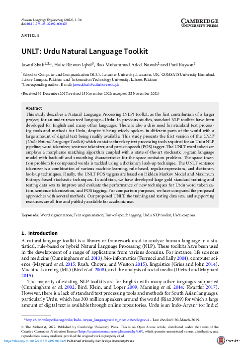 (PDF) UNLT: Urdu Natural Language Toolkit
