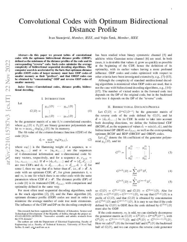 (PDF) Convolutional Codes with Optimum Bidirectional Distance Profile