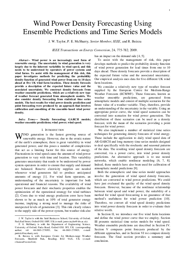 (PDF) Wind Power Density Forecasting Using Ensemble Predictions and Time Series Models