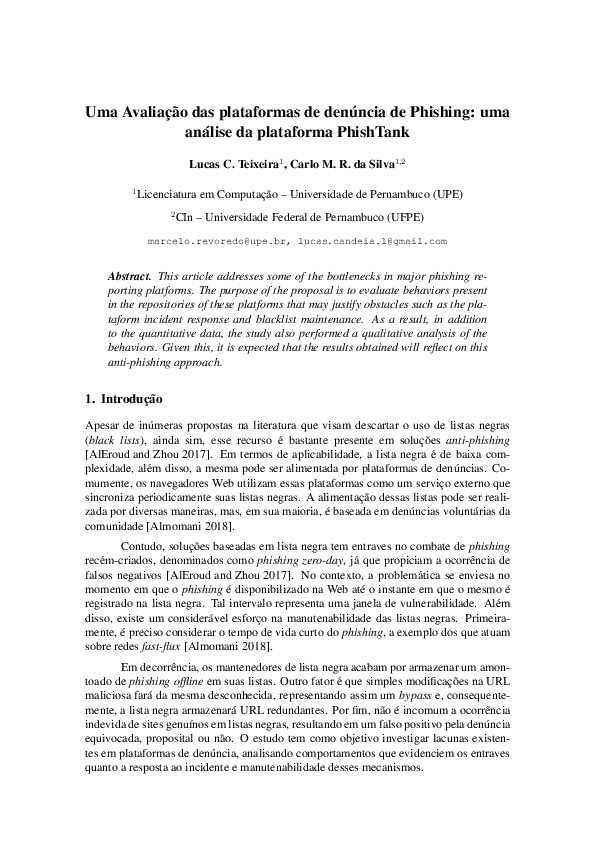 (PDF) Uma Avaliação das plataformas de denúncia de Phishing: uma ...