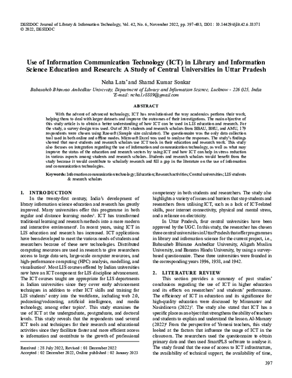 Pdf Use Of Information Communication Technology Ict In Library And Information Science