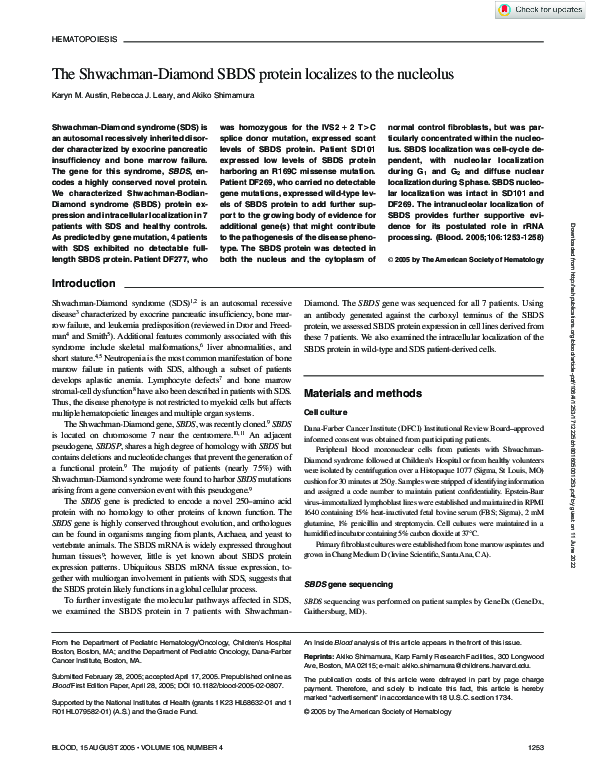 (PDF) The Shwachman-Diamond SBDS protein localizes to the nucleolus