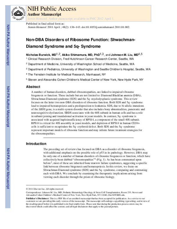 (PDF) Non–Diamond Blackfan Anemia Disorders of Ribosome Function ...