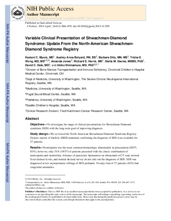 (PDF) Variable Clinical Presentation of Shwachman–Diamond Syndrome ...