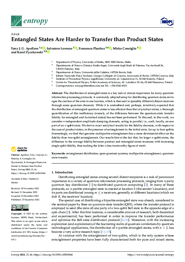 (PDF) Entangled States Are Harder to Transfer than Product States