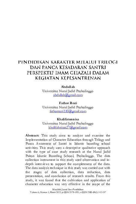 (PDF) Pendidikan Karakter Melalui Trilogi Dan Panca Kesadaran Santri Perspektif Imam Ghazali ...