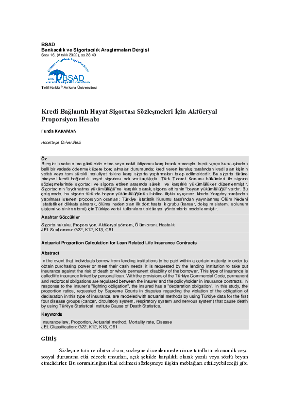 (PDF) Kredi Bağlantılı Hayat Sigortası Sözleşmeleri İçin Aktüeryal ...