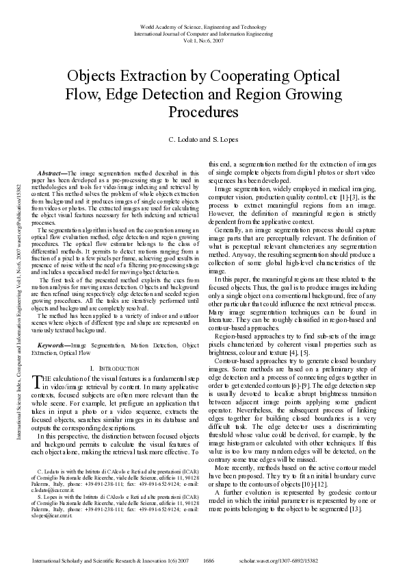 (PDF) Objects Extraction By Cooperating Optical Flow, Edge Detection And Region Growing Procedures